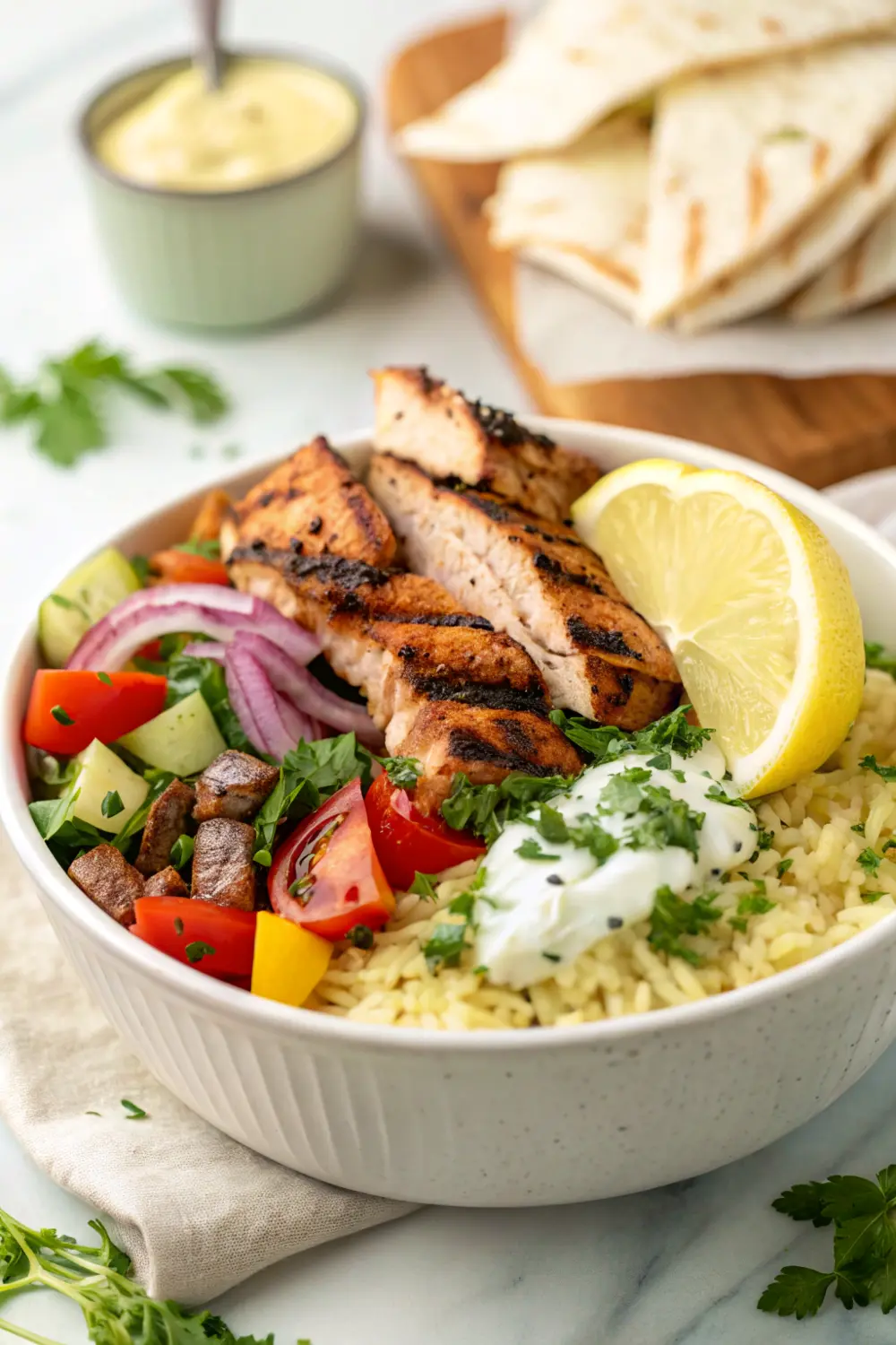 Chicken Shawarma Bowl With Garlic Sauce And Lemon Herb Rice